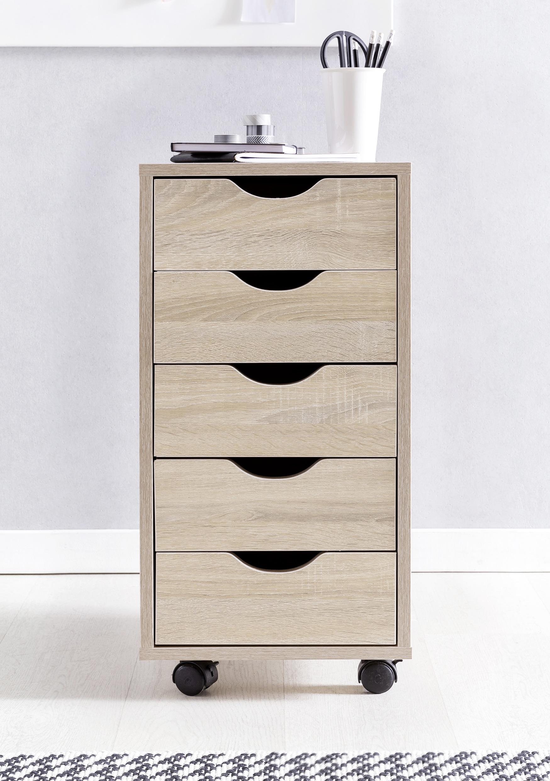 Eichefarbener Rollcontainer mit fünf Laden