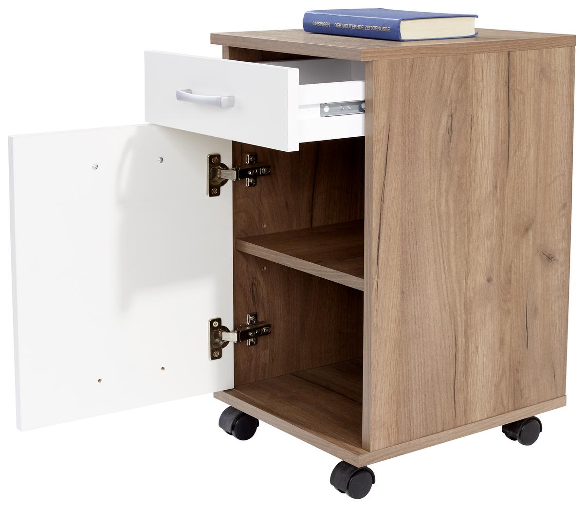 Rollcontainer in Eiche mit Lade und Tür